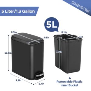 BestOffice Bathroom Trash Can with a Lid 1.3 Gallon (5 L) Small Trash Bin Step Pedal Garbage Can with Removable Bucket Slim for Small Spaces for Bathroom,Bedroom,Kitchen,Office (1, Black)