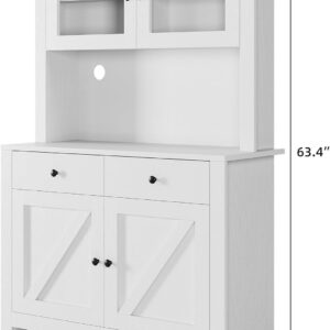 GarveeHome Kitchen Pantry Cabinet with Microwave Stand, Freestanding Hutch Cabinet with Buffet Cupboard, Tall Kitchen Cabinets with Adjustable Shelves for Kitchen, Dining Room, White