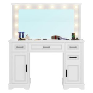 BTHFST Large Vanity Desk with Oversized Mirror & Hollywood Lights, Makeup Vanity with Charging Station, Modern Makeup Desk with 4 Drawers & 2 Storage Cabinets, White