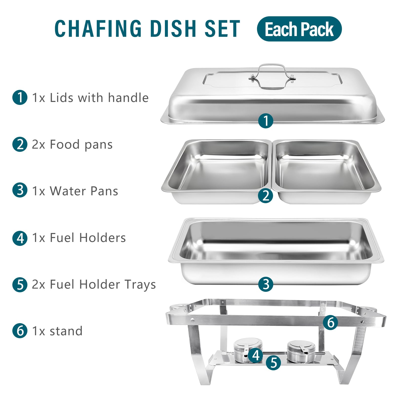 EVGTTI Chafing Dish Buffet Set 8 QT Stainless Steel, Half Size Pan, Buffet Servers and Warmers Chaffing Servers with Covers Folding Stand Food Warmer for Parties Buffets (4-Pack)