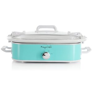 MegaChef 3.5 Quart Rectangle Casserole Slow Cooker with 3 Temperature Settings, Carry Handles and Locking Tempered Glass Lid (Turquoise)