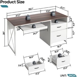 Bestier Office Desk with Drawers, 55 inch Industrial Computer Desk with Storage, Wood Teacher Desk with Keyboard Tray & File Drawer for Home Office, Walnut