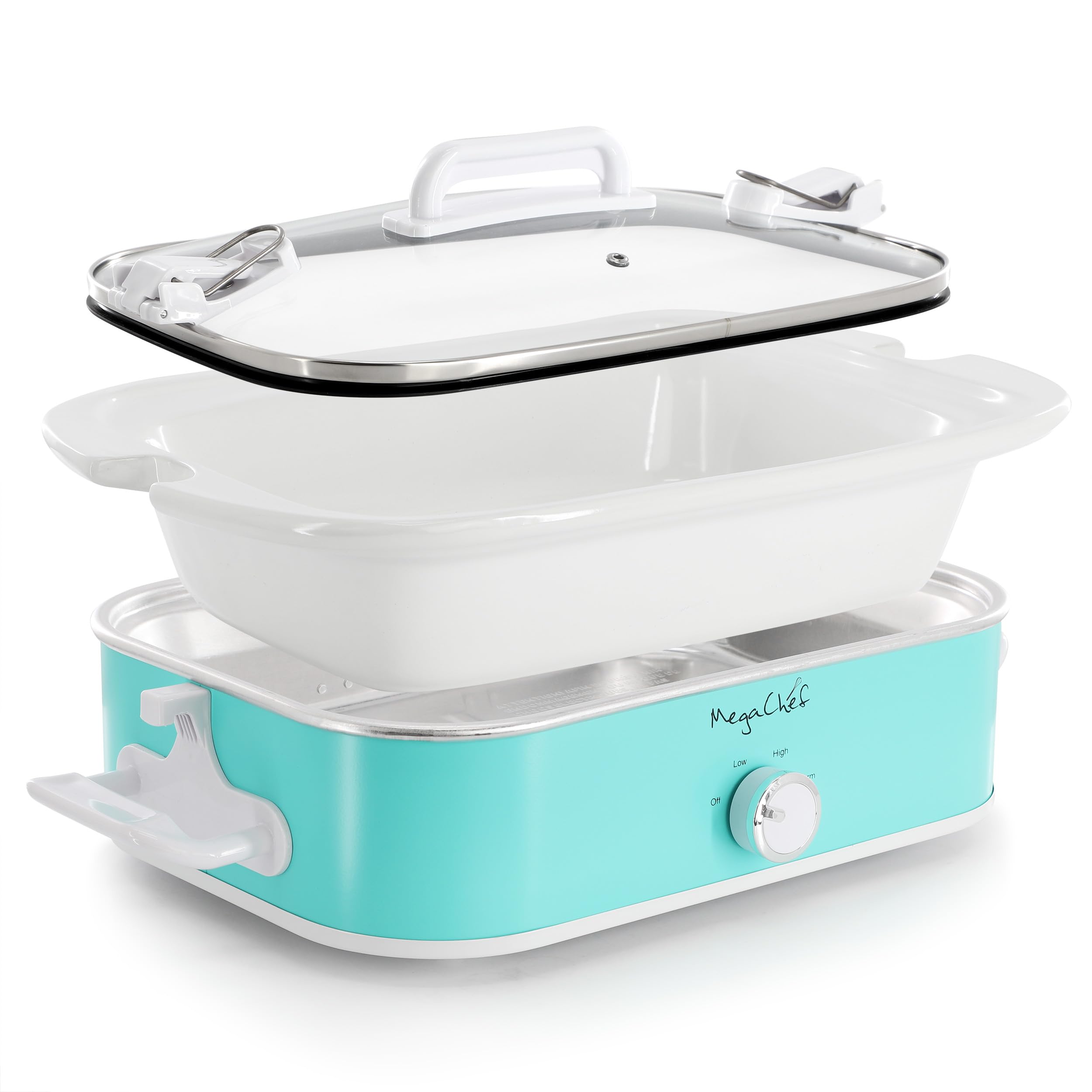 MegaChef 3.5 Quart Rectangle Casserole Slow Cooker with 3 Temperature Settings, Carry Handles and Locking Tempered Glass Lid (Turquoise)