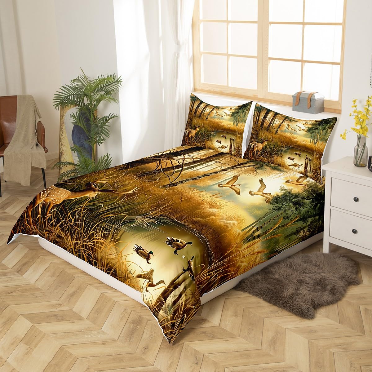 Feelyou Cute Deer Bedding Set King Size Deer Hunting Bedding Duvet Cover Set Antlers Mallard Duck Wild Animal Wild Duck Hunting Fall Tree Lake Comforter Cover Set Yellow Bedspread Cover(No Comforter)