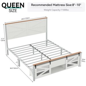 YITAHOME Queen Size Farmhouse Bed Frame with Sliding Barn Door Storage Cabinets, Platform Bed Frame with 47.2" Headboard, Solid Metal Slats Support, Noiseless, No Box Spring Needed, White