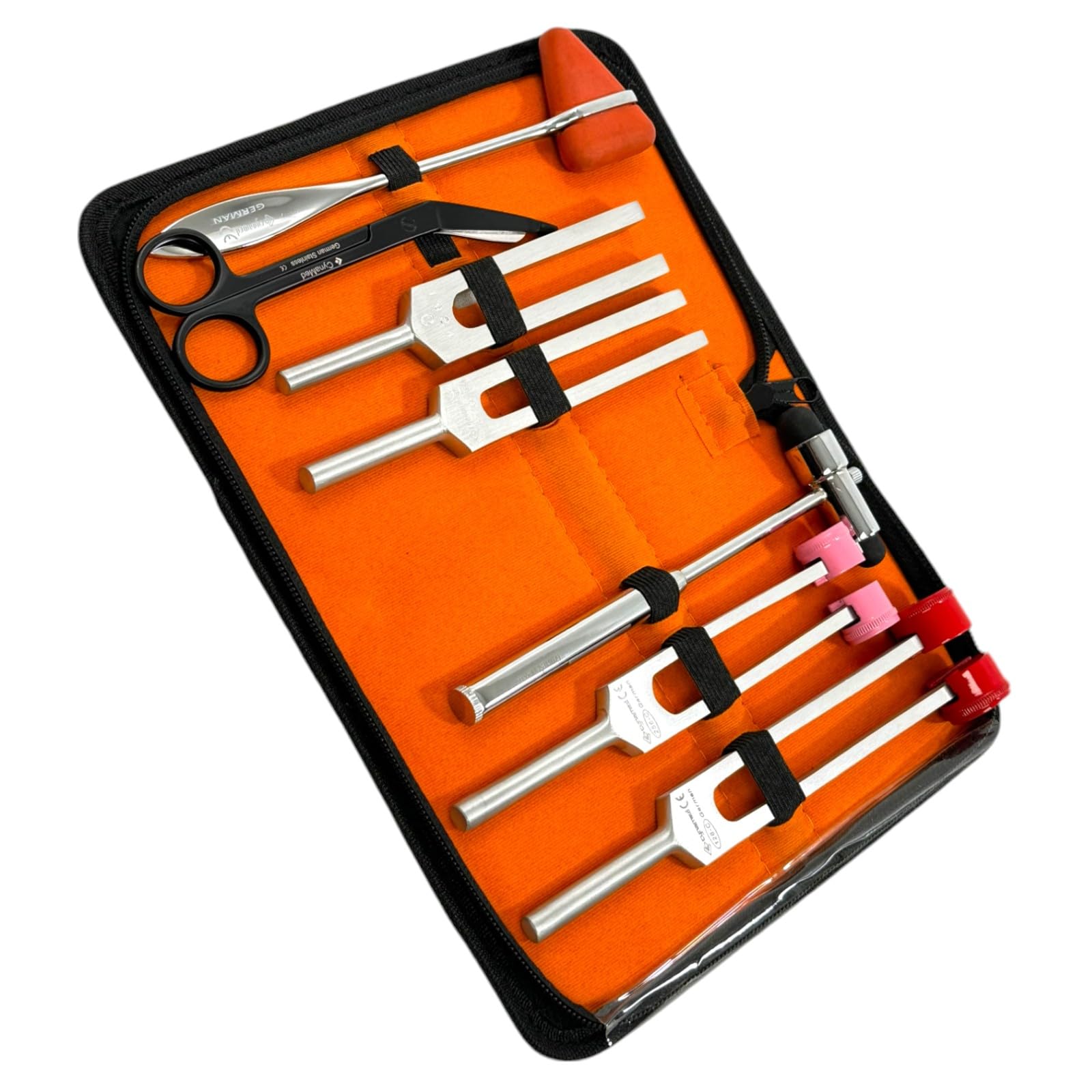 Tuning Forks C-128, C-256, C-512, C-1024 + Taylor and Buck Hammer + 5.5" Bandage Cutting Scissors + Storage Pouch Case - Student Diagnostics Bundle of 7 Items