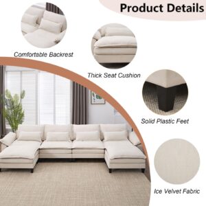 154" Oversized Modular Sectional Sofa , Ice Velvet Large U-Shaped Couch Comfy Upholstered 4-Seat Sofa with 2 Movable Ottoman, 4 Lumbar Pillow, Deep Seat Couch for Living Room,DIY Combination Beige