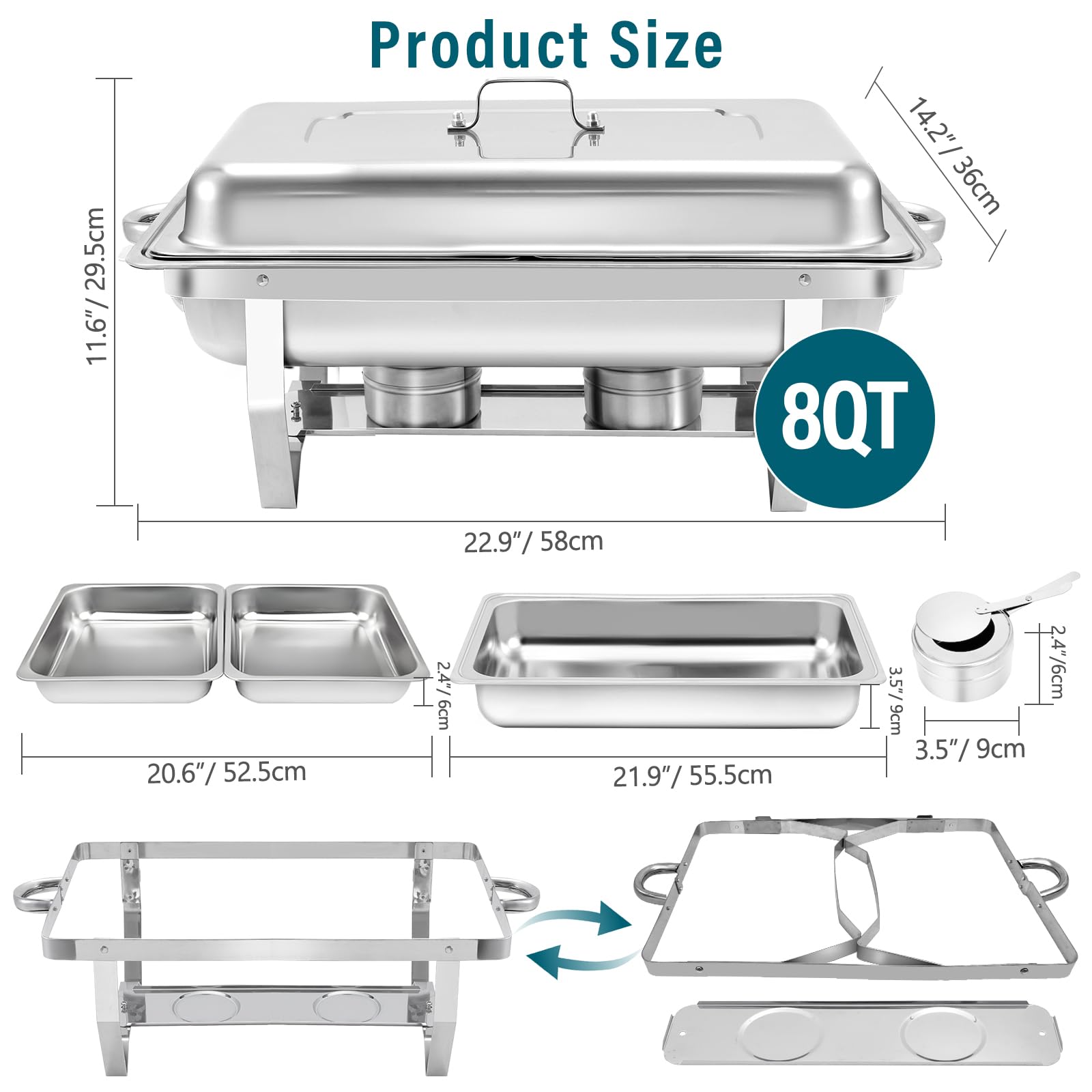 EVGTTI Chafing Dish Buffet Set 8 QT Stainless Steel, Half Size Pan, Buffet Servers and Warmers Chaffing Servers with Covers Folding Stand Food Warmer for Parties Buffets (4-Pack)