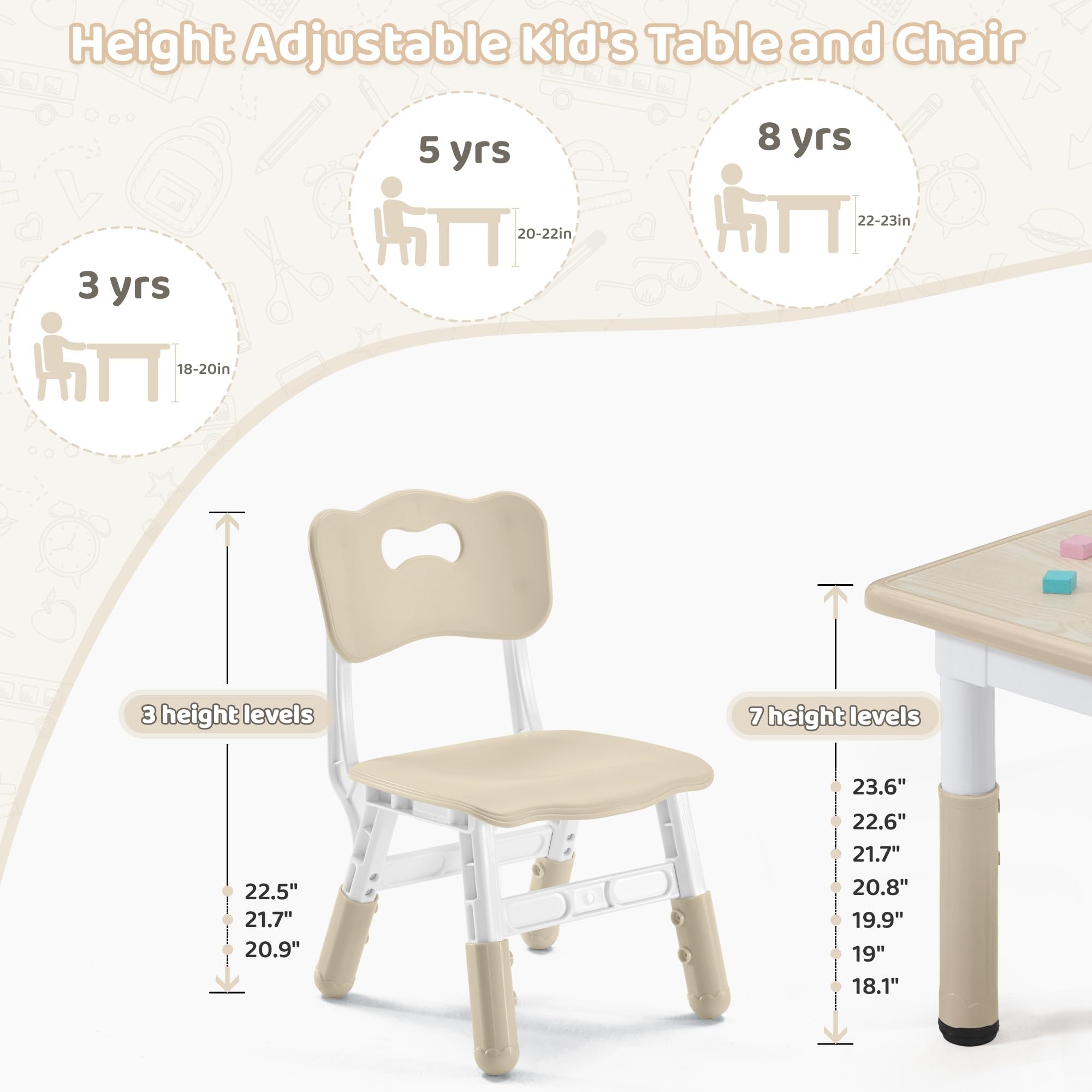 SwemDec Kids Table and 2 Chairs Set, Toddler Table and Chair Set with Graffiti Tabletop, Children Multi-Activity Table for Ages 3-8, Height-Adjustable Kids Study Table for Classroom/Daycare/Home