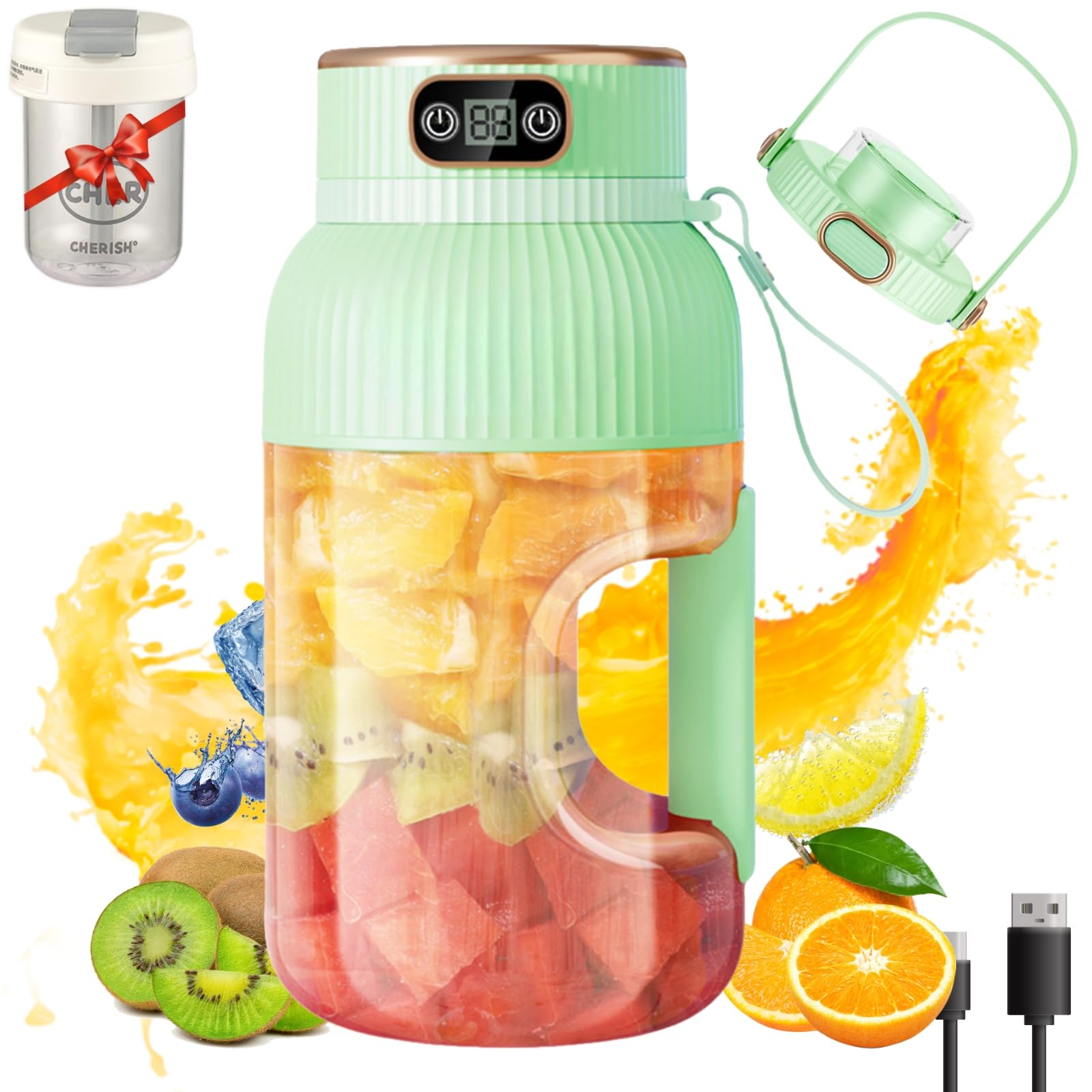 Yulyoie Multifunctional Portable Juicer Cup With Digital Display, Portable Smoothie Blender On The Go, Portable Juicer Blender, for Shakes, Smoothies, Dishwasher Safe (Green,Single Cup+Double Lid)