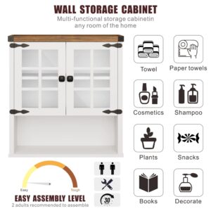 FREDEES Farmhouse Bathroom Wall Cabinet, Over The Toilet Storage Cabinet, Large Medicine Cabinet Organizer with 2 Doors and Shelf for Kitchen, Living Room, 26x29 inch, Antique White