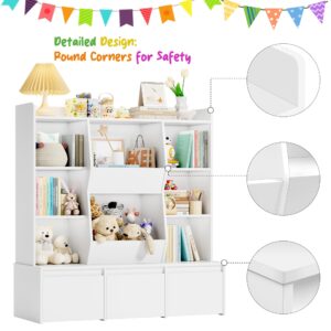 BOTLOG 46.7" Toy Storage Organizer with 3 Movable Drawers, Toys Organizer Bookshelf with 8 Storage Cubbies, Bookshelf for Kids Toy Chest Organizer for Playroom, White