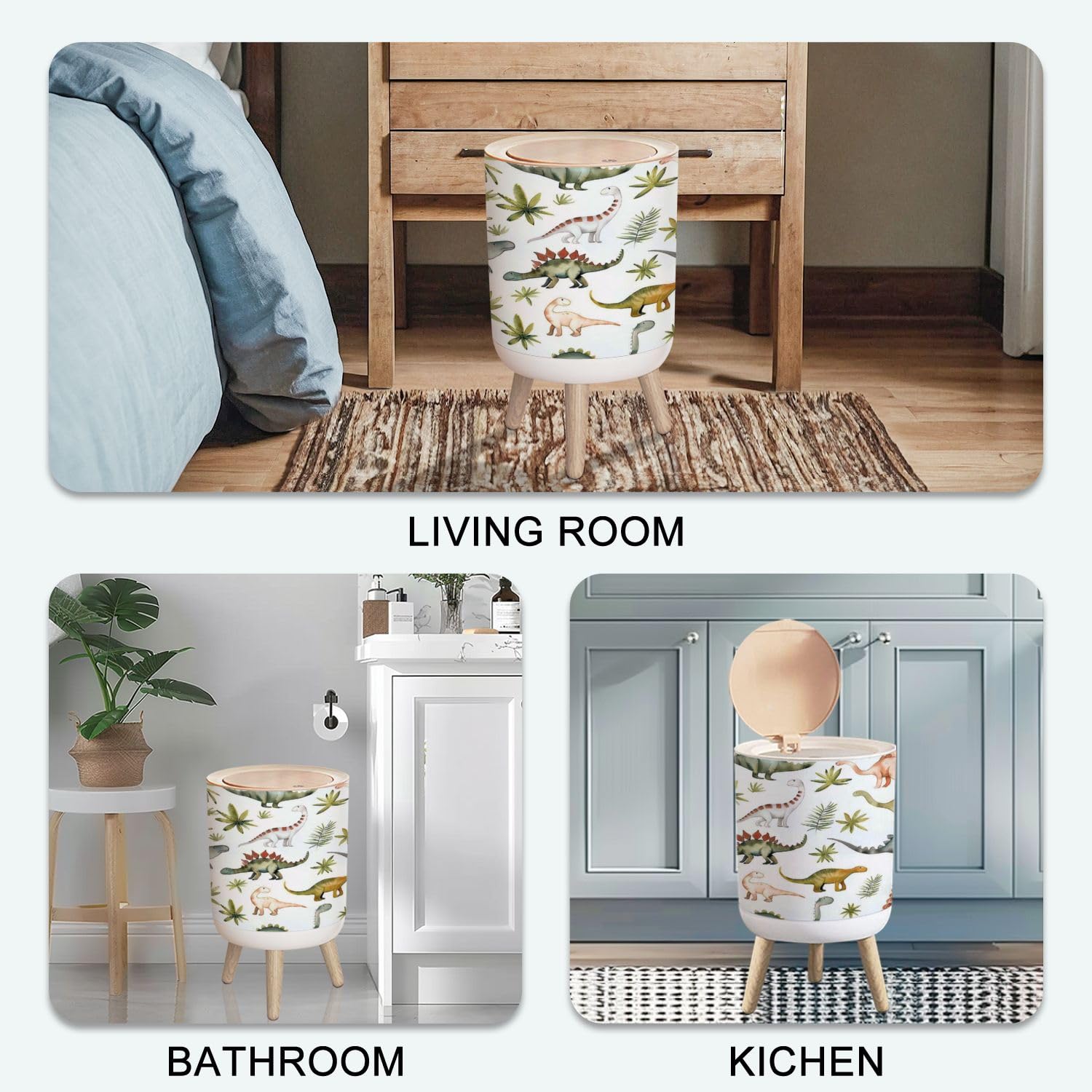 Small Trash Can with Lid Hand drawing watercolor hildren s pattern cute dino tropical leaves 1.8 Gallon/7L Garbage Can Waste Bin with Pop-Up Lid Wood Legs Wastebasket for Bathroom Kitchen Bedroom