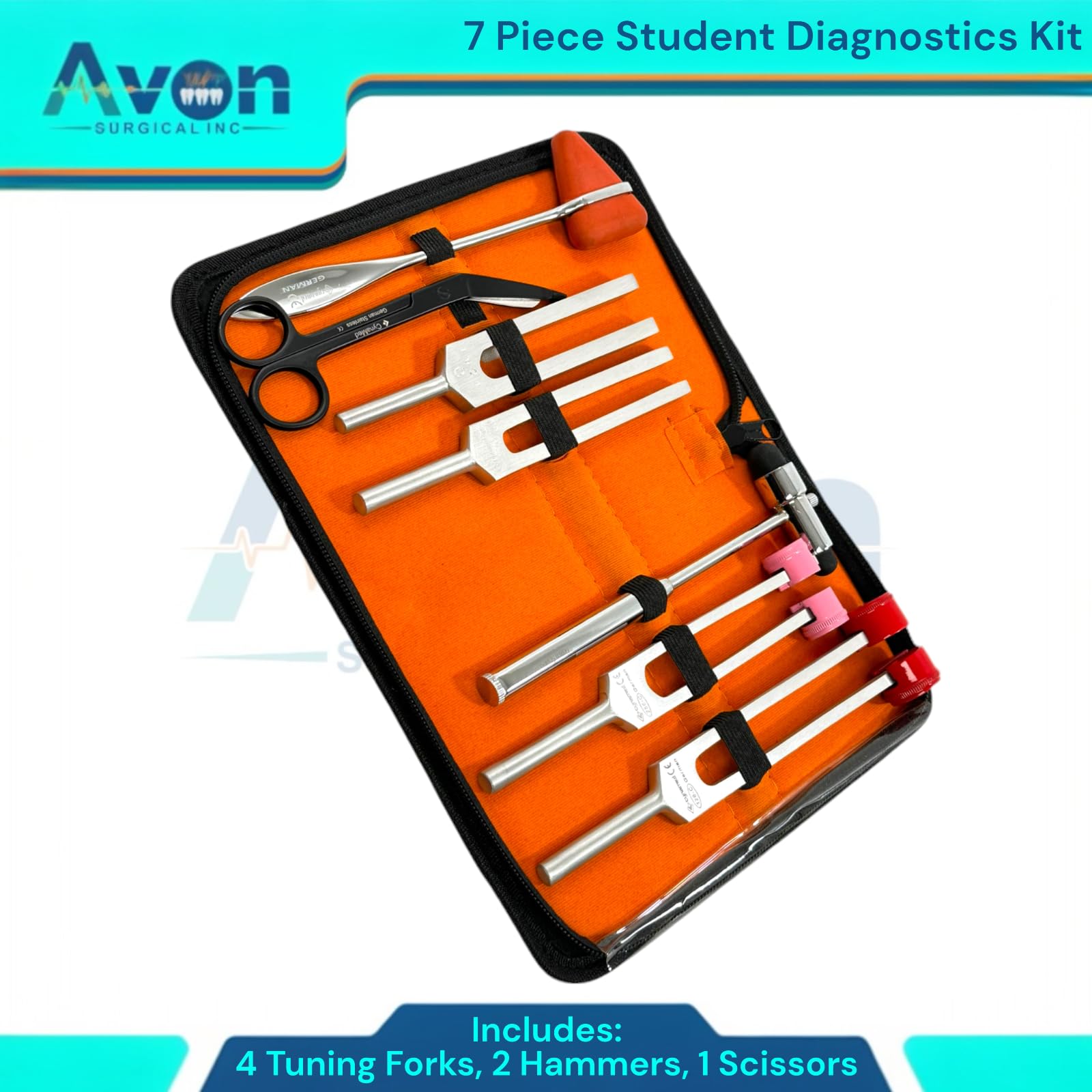 7pcs Student Diagnostics Kit with Taylor and Buck Reflex Hammers, 5.5" Bandage Scissors, Tuning Forks 128 Hz, 256 Hz, 512 Hz, 1024 Hz - Essential Bundle + Storage Case