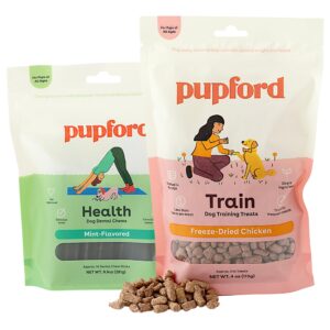 pupford freeze dried training treats + dental chews bundle for dogs & puppies (chicken 4oz, dental chews 14 count)