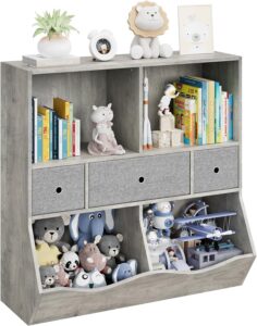 trailblaze kids toy storage organizer with 3 movable drawers, 3 tier children bookcase and bookshelf, toddler 7 cubby toy storage cabinet, toy shelf for playroom, bedroom, living room, nursery (grey)