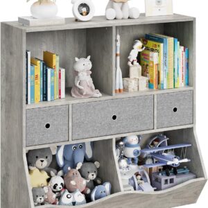 TrailBlaze Kids Toy Storage Organizer with 3 Movable Drawers, 3 Tier Children Bookcase and Bookshelf, Toddler 7 Cubby Toy Storage Cabinet, Toy Shelf for Playroom, Bedroom, Living Room, Nursery (Grey)