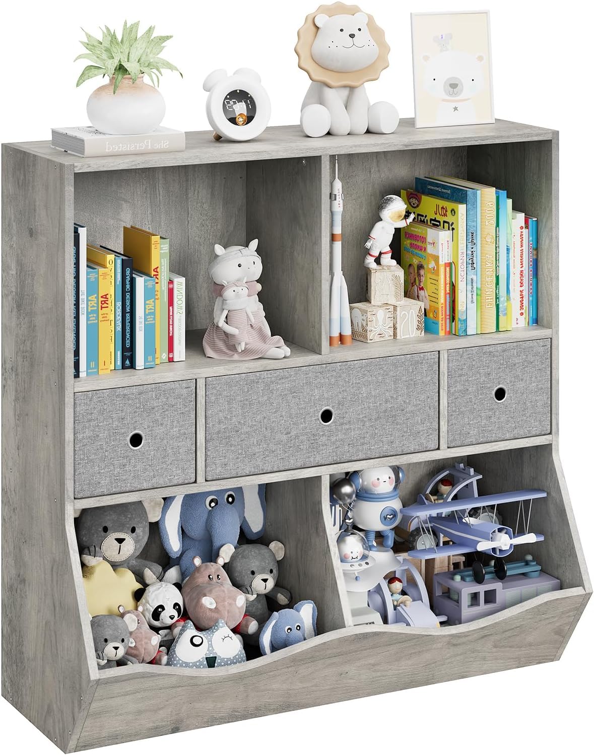 TrailBlaze Kids Toy Storage Organizer with 3 Movable Drawers, 3 Tier Children Bookcase and Bookshelf, Toddler 7 Cubby Toy Storage Cabinet, Toy Shelf for Playroom, Bedroom, Living Room, Nursery (Grey)