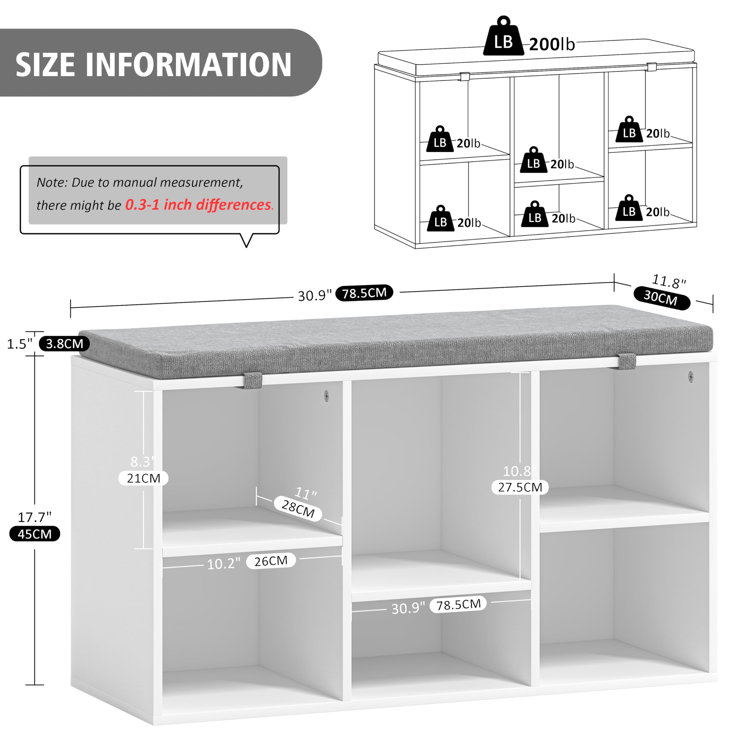 TJYGO Shoe Storage Bench 6 Cubbies, Storage Rack Bench with Padded Seat, Space Saving Shoe Shelf for Entryway, Living Room, Hallway, Bedroom