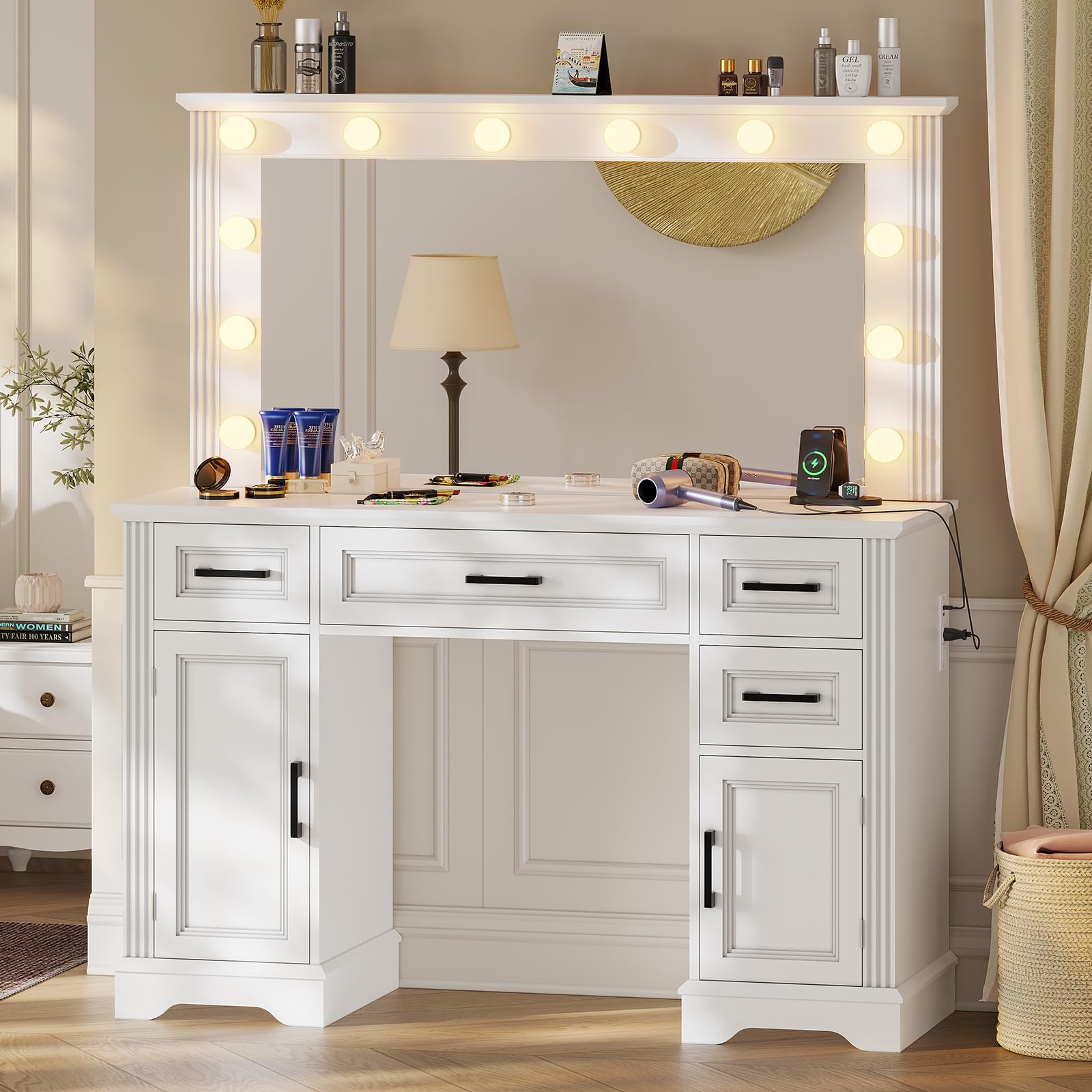 BTHFST Large Vanity Desk with Oversized Mirror & Hollywood Lights, Makeup Vanity with Charging Station, Modern Makeup Desk with 4 Drawers & 2 Storage Cabinets, White