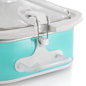 MegaChef 3.5 Quart Rectangle Casserole Slow Cooker with 3 Temperature Settings, Carry Handles and Locking Tempered Glass Lid (Turquoise)