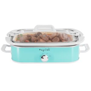 megachef 3.5 quart rectangle casserole slow cooker with 3 temperature settings, carry handles and locking tempered glass lid (turquoise)