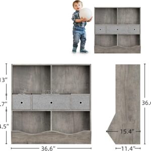 TrailBlaze Kids Toy Storage Organizer with 3 Movable Drawers, 3 Tier Children Bookcase and Bookshelf, Toddler 7 Cubby Toy Storage Cabinet, Toy Shelf for Playroom, Bedroom, Living Room, Nursery (Grey)