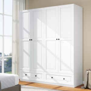 labroskia white armoire wardrobe closet with 4 drawers: 74" bedroom wardrobe closet for hanging clothes, wood cabinet for clothes with 4 doors, armoire with shelves(white, 63")