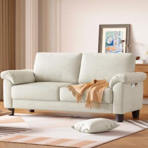 70" living room couch sofa, mid century modern loveseat with storage bag, velvet deep couches for small spaces, bedroom, apartment, office, removable sofa cover spring cushions, easy to install, beige