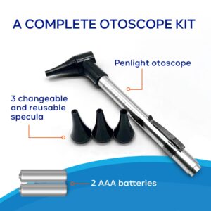 WaxBgone Otoscope - Bright LED Light with 3X Magnification to Check Your Family’s Ears at Home - Includes 3 Reusable and Easy-to-Clean Specula Tip Sizes for Adults, Kids & Babies and 2 AAA Batteries