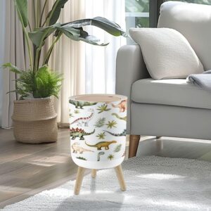 Small Trash Can with Lid Hand drawing watercolor hildren s pattern cute dino tropical leaves 1.8 Gallon/7L Garbage Can Waste Bin with Pop-Up Lid Wood Legs Wastebasket for Bathroom Kitchen Bedroom