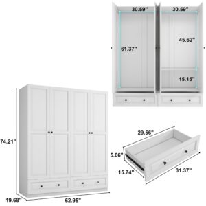 LABROSKIA White Armoire Wardrobe Closet with 4 Drawers: 74" Bedroom Wardrobe Closet for Hanging Clothes, Wood Cabinet for Clothes with 4 Doors, Armoire with Shelves(White, 63")