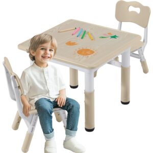 SwemDec Kids Table and 2 Chairs Set, Toddler Table and Chair Set with Graffiti Tabletop, Children Multi-Activity Table for Ages 3-8, Height-Adjustable Kids Study Table for Classroom/Daycare/Home