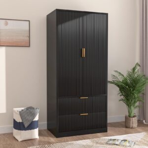 wardrobe closet with 2 doors and 2 drawers, 70"clothing storage cabinets with hanging rod, modern wooden armoire wardrobe closet with gold handles for bedroom armoires laundry room(black)