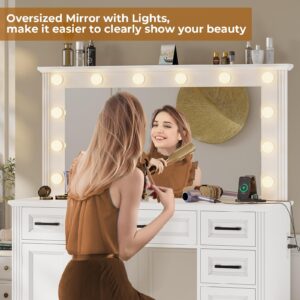 BTHFST Large Vanity Desk with Oversized Mirror & Hollywood Lights, Makeup Vanity with Charging Station, Modern Makeup Desk with 4 Drawers & 2 Storage Cabinets, White