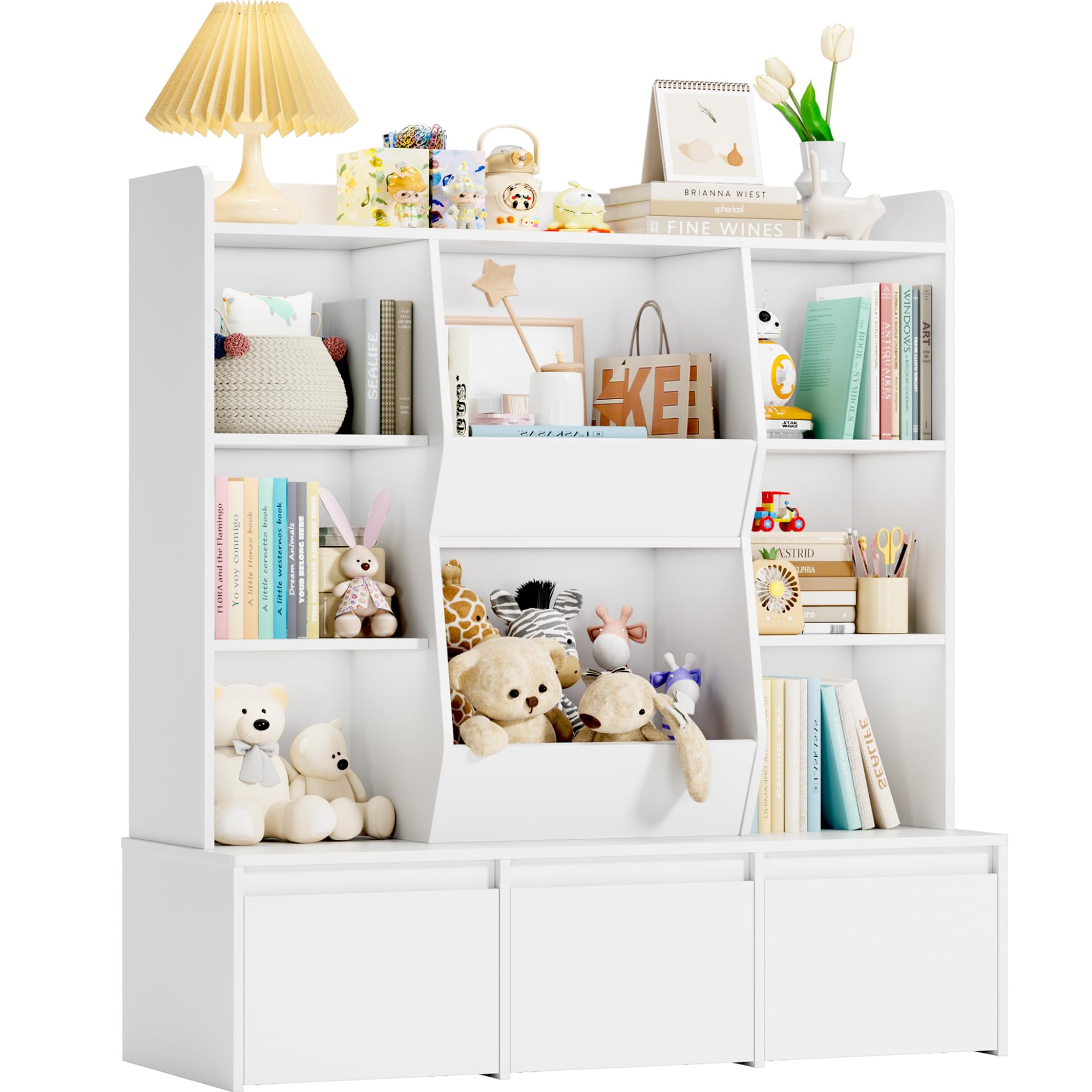 BOTLOG 46.7" Toy Storage Organizer with 3 Movable Drawers, Toys Organizer Bookshelf with 8 Storage Cubbies, Bookshelf for Kids Toy Chest Organizer for Playroom, White