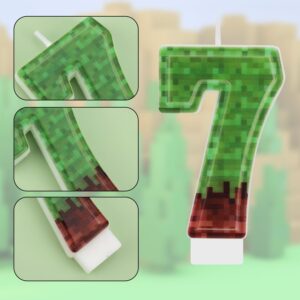 Birthday Number Candle, Green Brown Birthday Number Candles Paraffin Pixel Birthday Cake Toppers Cake Decorations for Birthday Miner Game Party Decoration (Number 7)