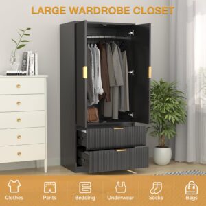 Wardrobe Closet with 2 Doors and 2 Drawers, 70"Clothing Storage Cabinets with Hanging Rod, Modern Wooden Armoire Wardrobe Closet with Gold Handles for Bedroom Armoires Laundry Room(Black)