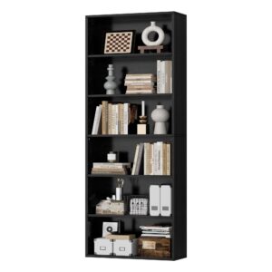 jamfly open bookshelf and bookcase, 6 shelf storage shelves tall bookcase for bedroom, living room and office, black