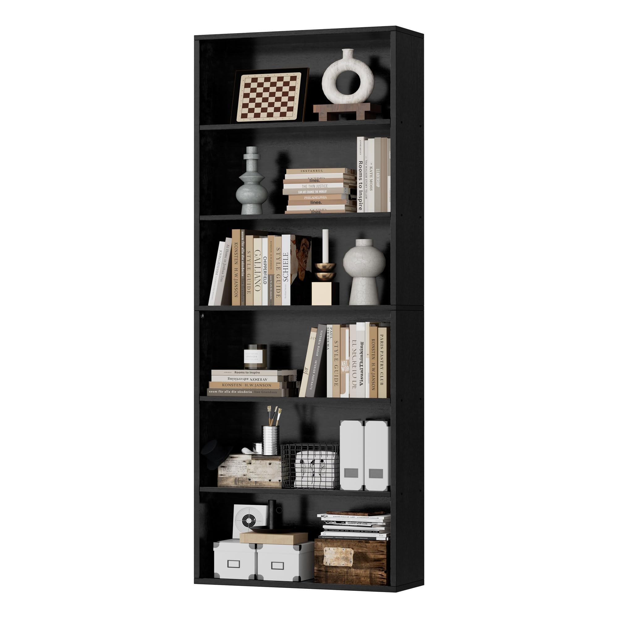 JAMFLY Open Bookshelf and Bookcase, 6 Shelf Storage Shelves Tall Bookcase for Bedroom, Living Room and Office, Black