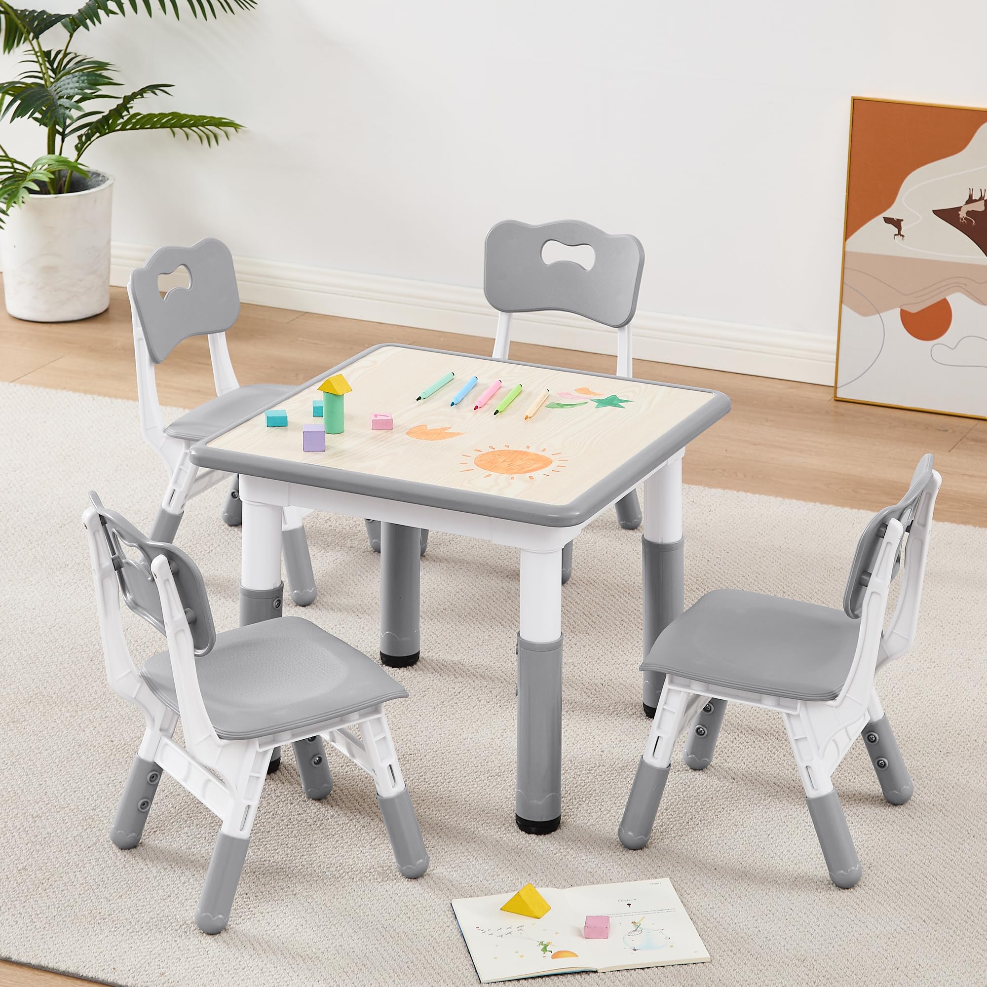 SwemDec Kids Table and 4 Chairs, Height Adjustable Toddler Table and Chair Set, Graffiti Desktop, Multi-Activity Kids Table and Chair Set for Home, Classroom & Daycare