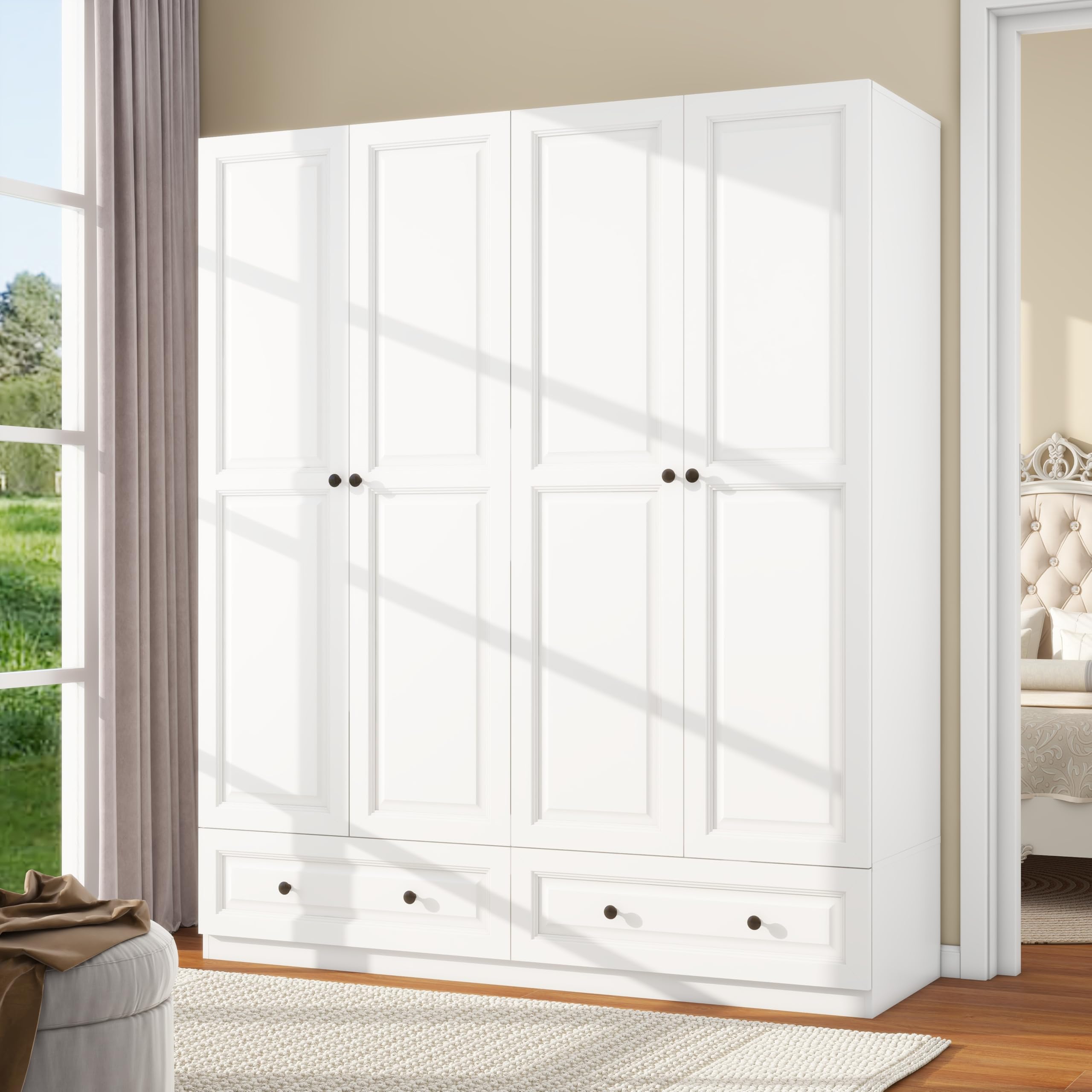 LABROSKIA White Armoire Wardrobe Closet with 4 Drawers: 74" Bedroom Wardrobe Closet for Hanging Clothes, Wood Cabinet for Clothes with 4 Doors, Armoire with Shelves(White, 63")