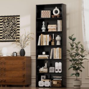 JAMFLY Open Bookshelf and Bookcase, 6 Shelf Storage Shelves Tall Bookcase for Bedroom, Living Room and Office, Black