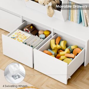 BOTLOG 46.7" Toy Storage Organizer with 3 Movable Drawers, Toys Organizer Bookshelf with 8 Storage Cubbies, Bookshelf for Kids Toy Chest Organizer for Playroom, White