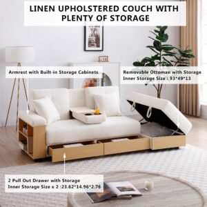 mikibama L-Shaped Sofa Couch with Storage Chaise & Arms,Convertible Sleeper Sofa Bed with Drawers,Linen Upholstered Small Couch Bed for Small Spaces,RV,Apartment,Bedroom. (Linen, Off White)