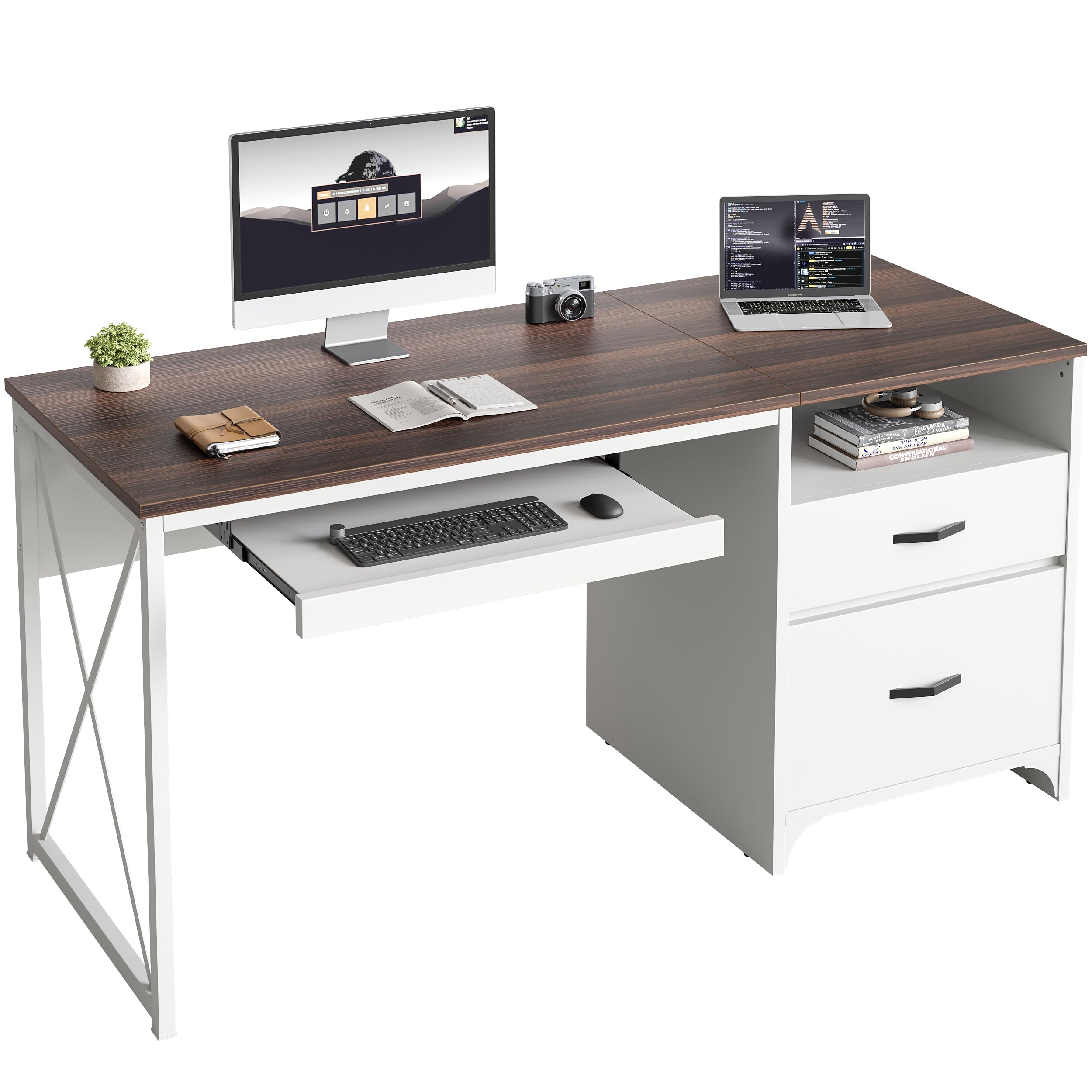 Bestier Office Desk with Drawers, 55 inch Industrial Computer Desk with Storage, Wood Teacher Desk with Keyboard Tray & File Drawer for Home Office, Walnut