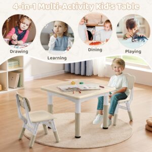 SwemDec Kids Table and 2 Chairs Set, Toddler Table and Chair Set with Graffiti Tabletop, Children Multi-Activity Table for Ages 3-8, Height-Adjustable Kids Study Table for Classroom/Daycare/Home