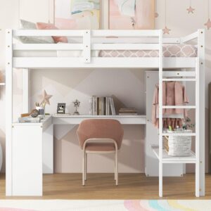 THINK 30 Full Size Loft Bed Frame with L-Shaped Desk, Wardrobe and Storage Shelves, Multifunctional Wood Loft Bed with Desk & Stairway for Kids Boys Girls Teens (White, Full)