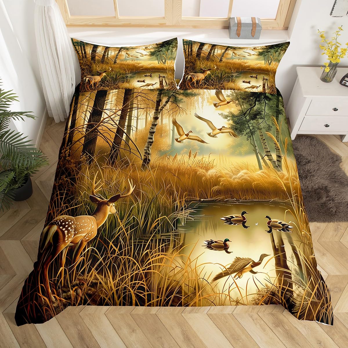 Feelyou Cute Deer Bedding Set King Size Deer Hunting Bedding Duvet Cover Set Antlers Mallard Duck Wild Animal Wild Duck Hunting Fall Tree Lake Comforter Cover Set Yellow Bedspread Cover(No Comforter)