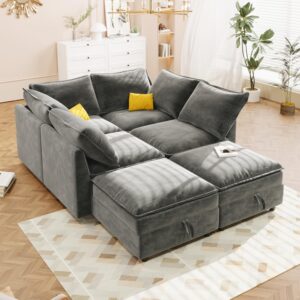 Modular Sectional Sofa with Storage Cube,4 Seat and 2 Ottoman Soft Cloud Couches for Living Room Large U Shaped,Multi-Layer Cushion Lounge Sofa DIY Combination Sleeper Sofa Bed, Grey